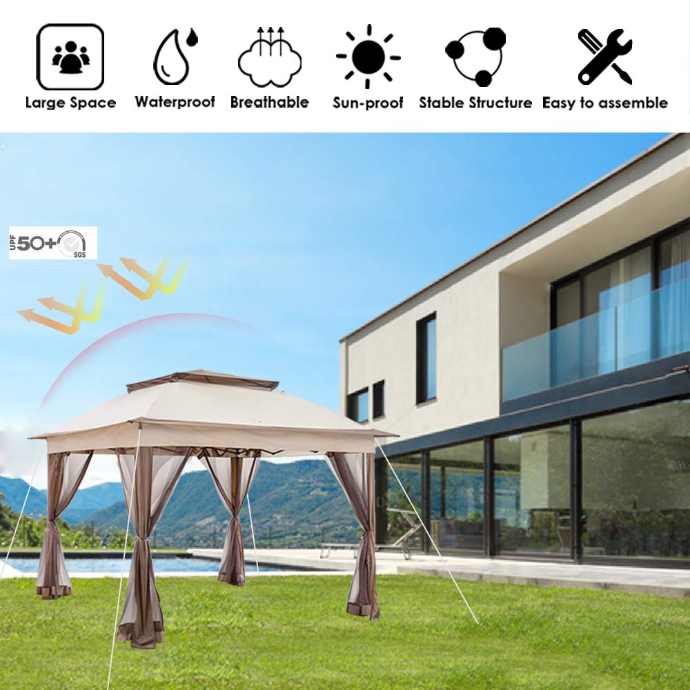 KEDY 11'x11' Pop Up Gazebo with Mosquito Netting, Outdoor Canopy Gazebo Tent for Patio, Deck and Backyard, w/Carry Bag, Beige