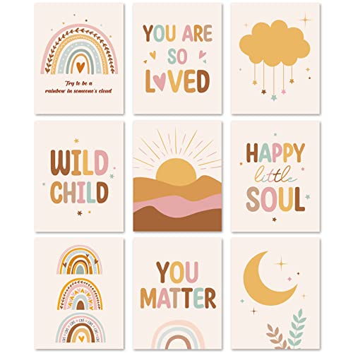 9PCS Boho Rainbow Inspirational Wall Art Prints Boho Nursery Poster Decor For Girl or Boy Boho Decor For Bedroom School Bathroom Nursery Boho Classroom Decor Boho Rainbow Baby Shower Decorations(Unframed 8 x 10 Inches)