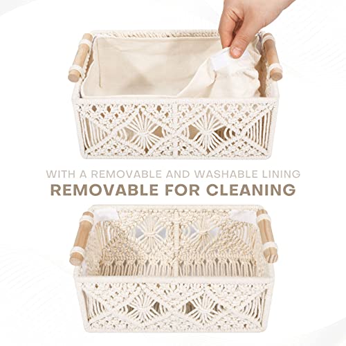 ANMINY 5PCS Macrame Storage Baskets Set Handmade Woven Cotton Rope Storage Bins Decor Boho Nursery Boxes with Wood Handles Removable Washable Linen Liner Countertop Toilet Tank Shelf Cabinet Organizer