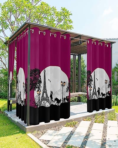Waterproof Outdoor Curtains for Patio, Lovers Carriage and Eiffel Tower Under the Moon Weatherproof Privacy Outdoor Drapes, Grommet Top Outside Curtains for Gazebo Porch Pergola Cabana, 52x108 Inch