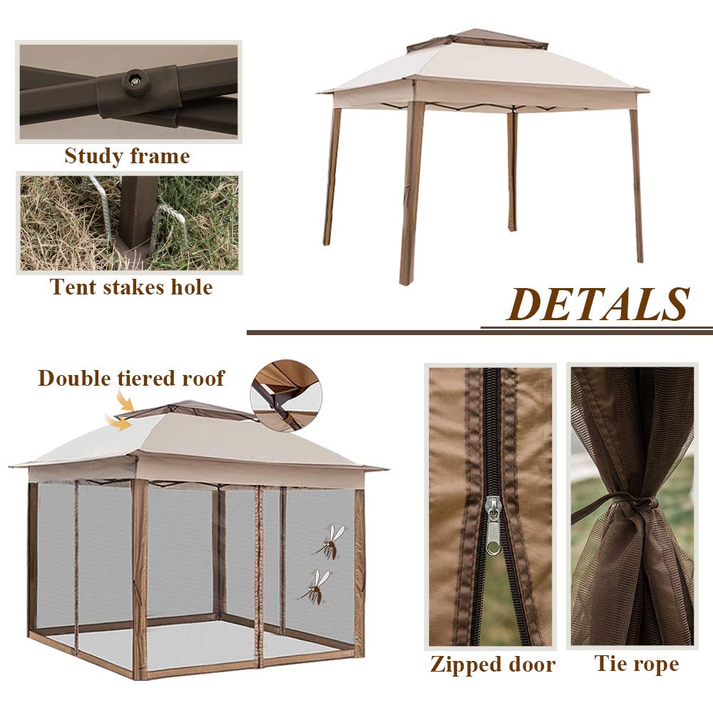 KEDY 11'x11' Pop Up Gazebo with Mosquito Netting, Outdoor Canopy Gazebo Tent for Patio, Deck and Backyard, w/Carry Bag, Beige