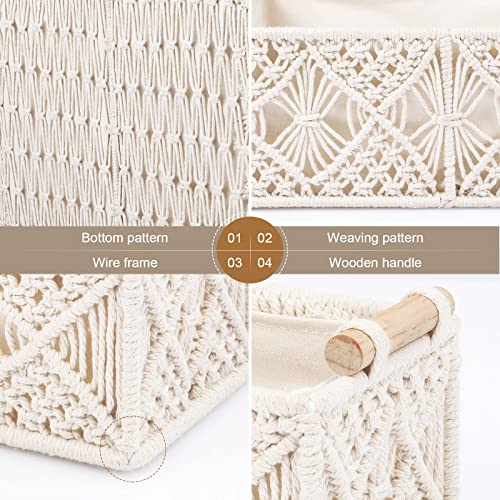 ANMINY 5PCS Macrame Storage Baskets Set Handmade Woven Cotton Rope Storage Bins Decor Boho Nursery Boxes with Wood Handles Removable Washable Linen Liner Countertop Toilet Tank Shelf Cabinet Organizer
