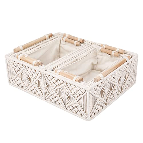ANMINY 5PCS Macrame Storage Baskets Set Handmade Woven Cotton Rope Storage Bins Decor Boho Nursery Boxes with Wood Handles Removable Washable Linen Liner Countertop Toilet Tank Shelf Cabinet Organizer