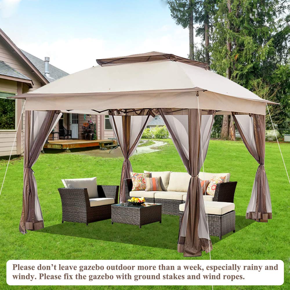 KEDY 11'x11' Pop Up Gazebo with Mosquito Netting, Outdoor Canopy Gazebo Tent for Patio, Deck and Backyard, w/Carry Bag, Beige