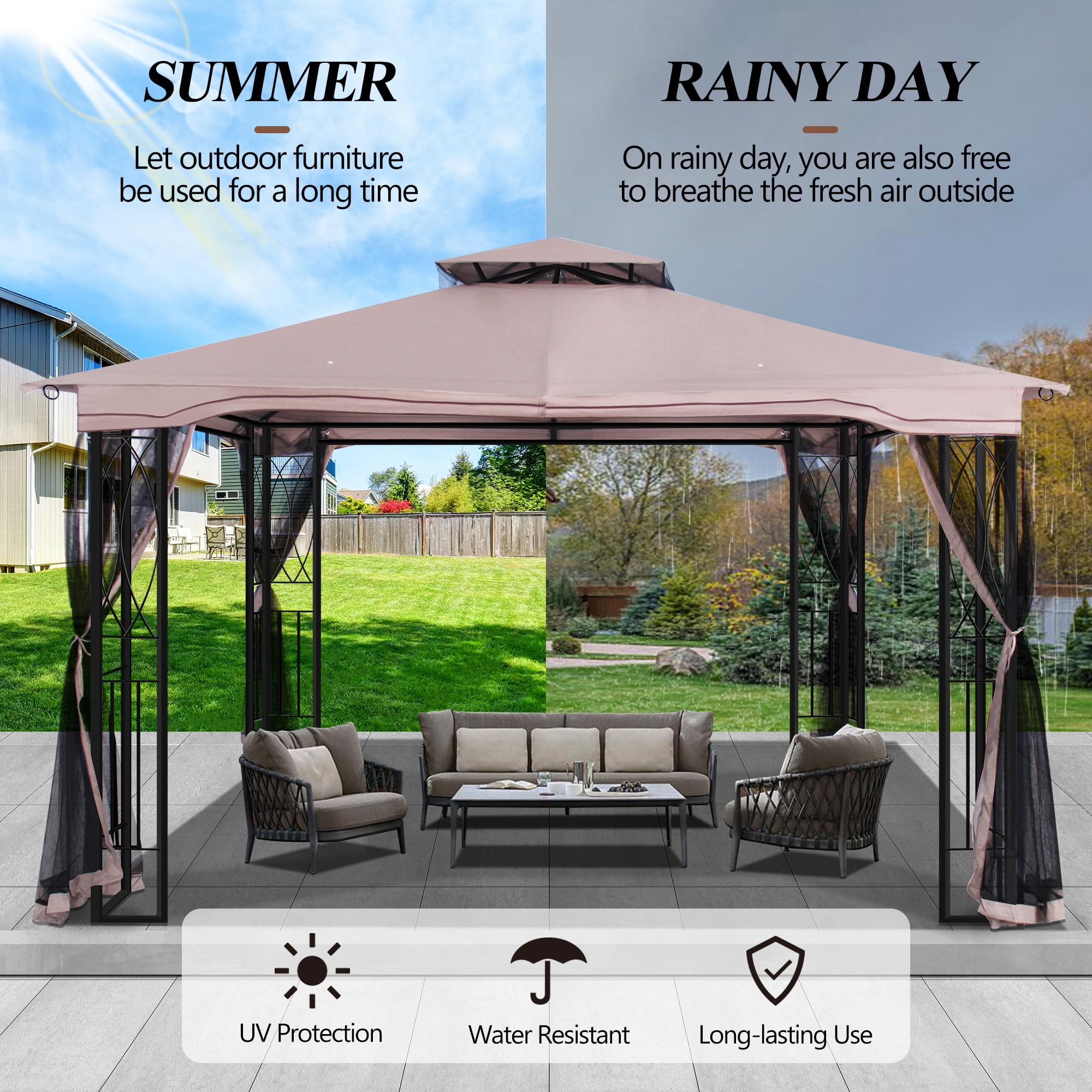 GARTOO 11'x13' Outdoor Patio Gazebo - Porch Gazebo with Polyester Roof & Breathable Netting, Best for Garden, Lawn, Backyard Deck (Taupe)