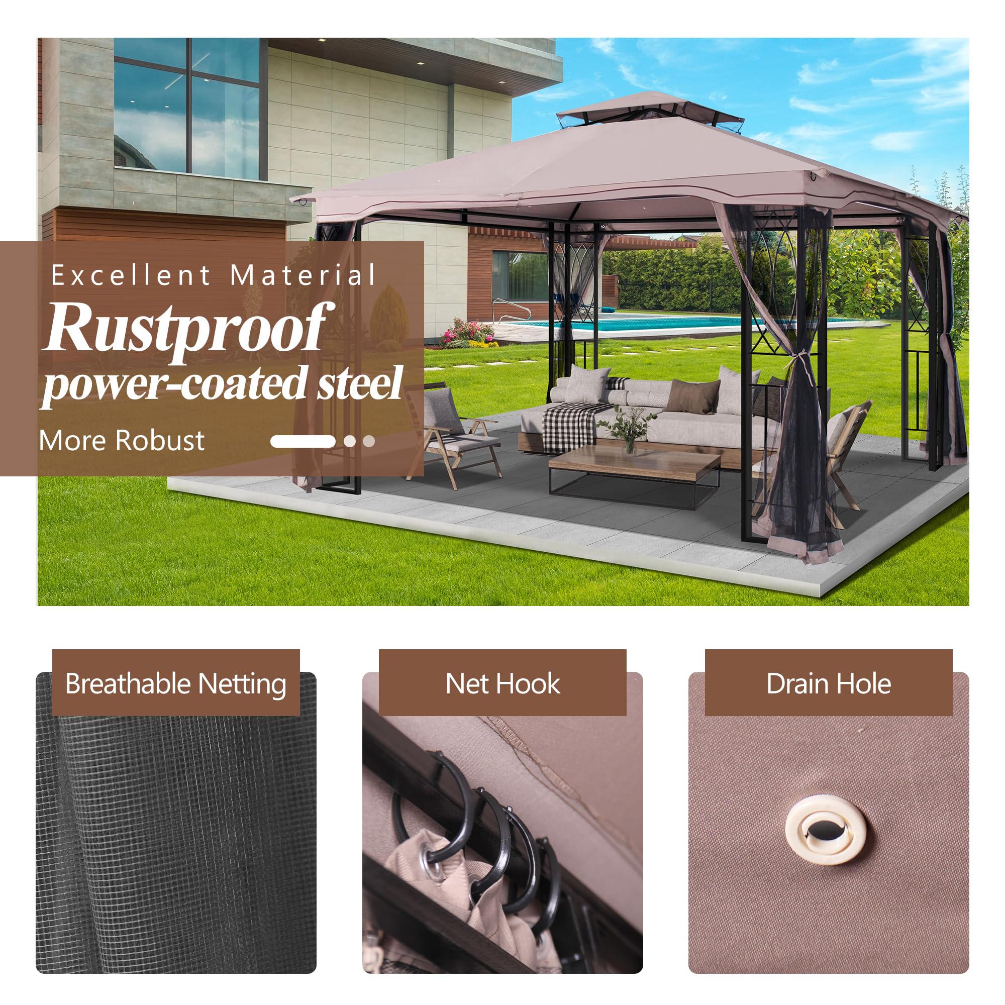 GARTOO 11'x13' Outdoor Patio Gazebo - Porch Gazebo with Polyester Roof & Breathable Netting, Best for Garden, Lawn, Backyard Deck (Taupe)