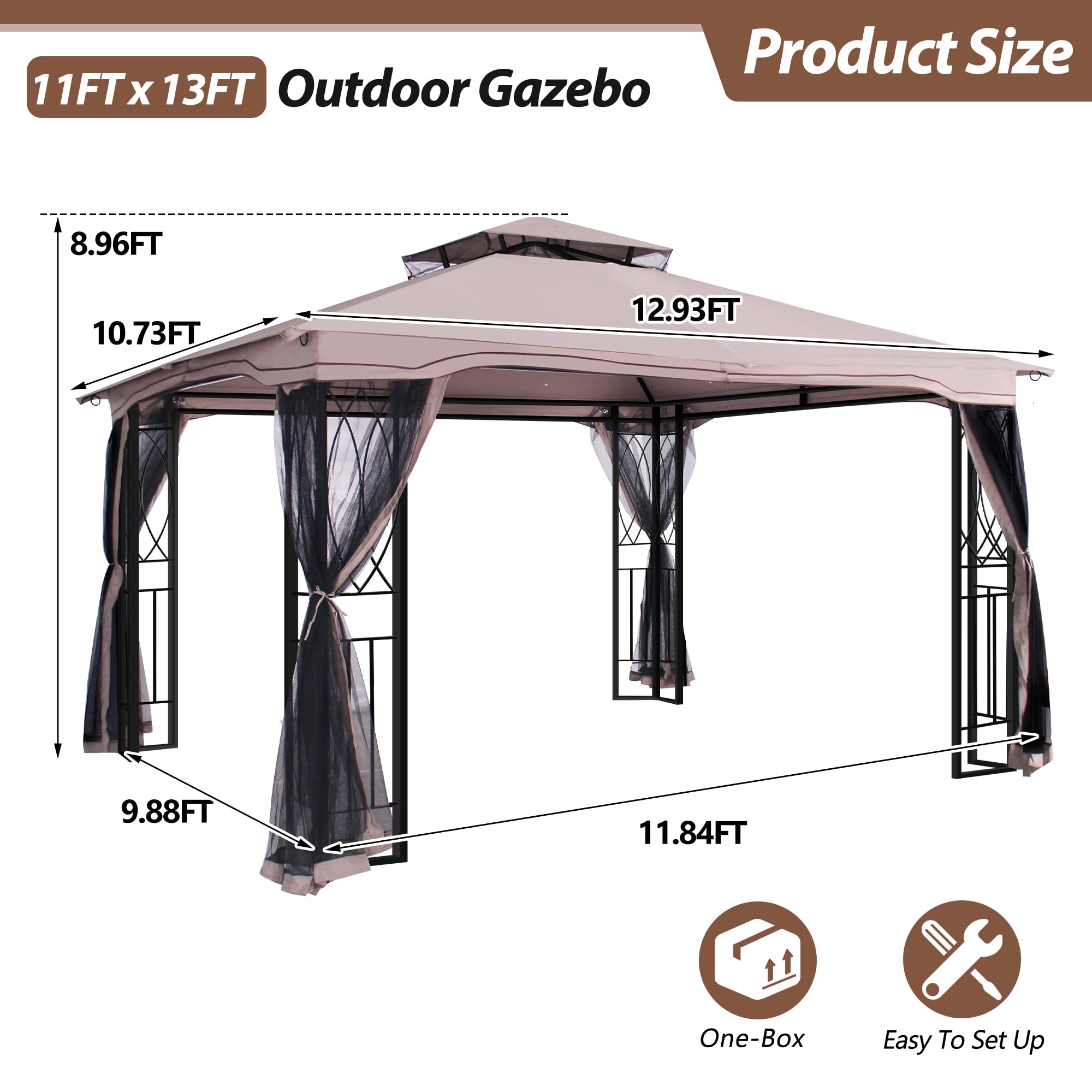 GARTOO 11'x13' Outdoor Patio Gazebo - Porch Gazebo with Polyester Roof & Breathable Netting, Best for Garden, Lawn, Backyard Deck (Taupe)