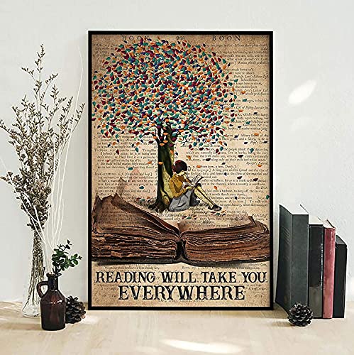 Reading Will Take You Everywhere Metal Sign - Vintage Decor Girl Reading Wall Quotes Library Wall Decor Metal Signs for Home Office - Reading Sign Book Poster for Classroom Decoration Reading Wall Art