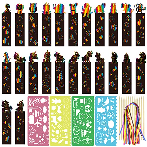 64PCS Animal Scratch Bookmarks Set, DIY Rainbow Scratch Bookmarks with Painting Templates, Wood Sticks and Colored Ribbons for Kids Party Birthday Gifts Teacher Supplies Kids Classroom School Supplies
