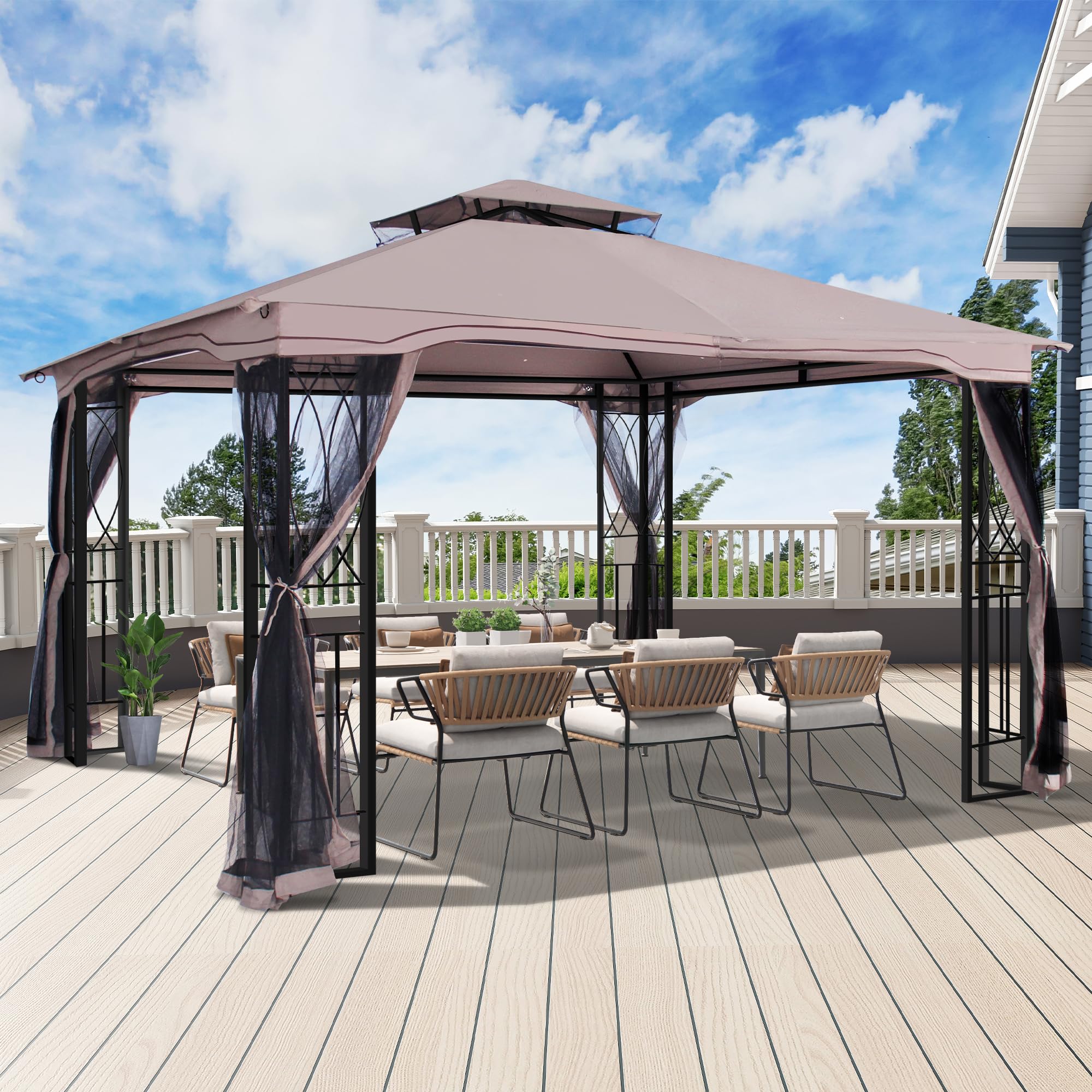 GARTOO 11'x13' Outdoor Patio Gazebo - Porch Gazebo with Polyester Roof & Breathable Netting, Best for Garden, Lawn, Backyard Deck (Taupe)