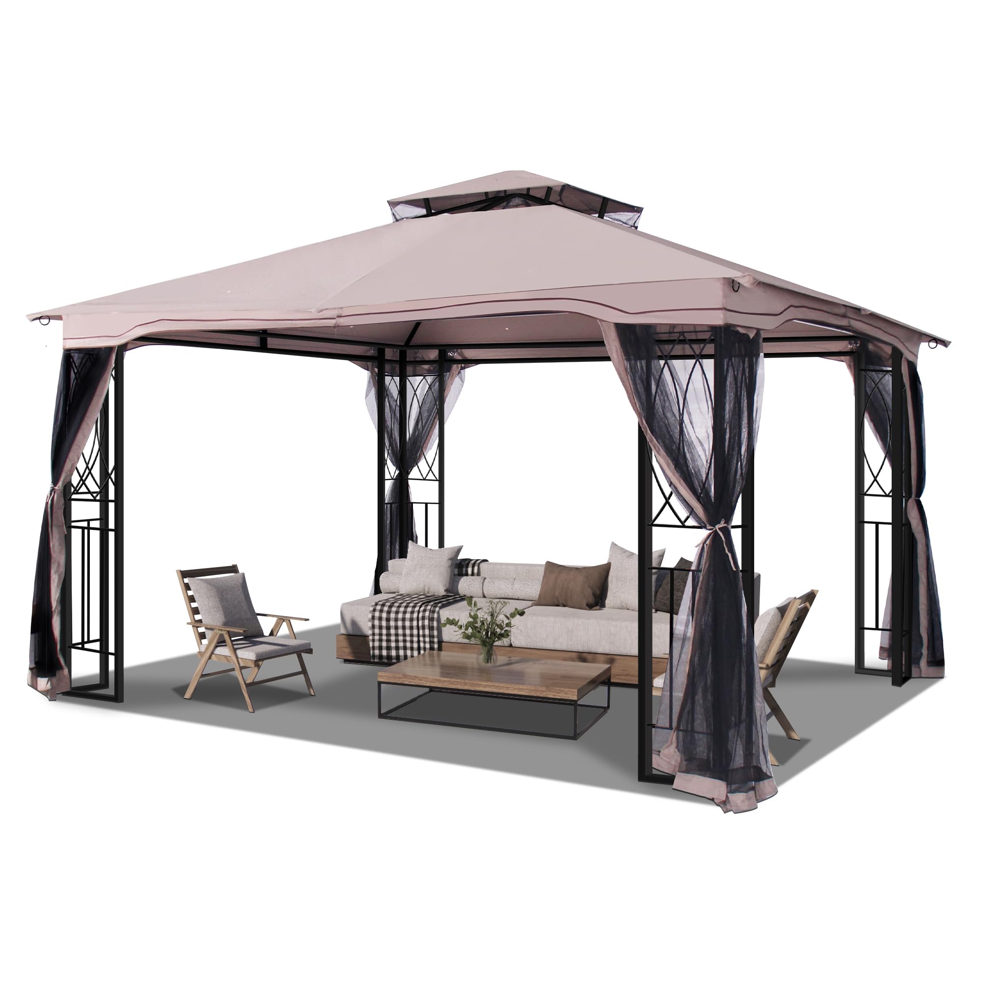 GARTOO 11'x13' Outdoor Patio Gazebo - Porch Gazebo with Polyester Roof & Breathable Netting, Best for Garden, Lawn, Backyard Deck (Taupe)