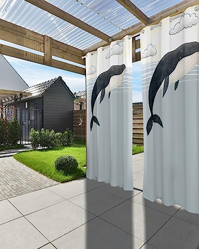 HERBED Outdoor Curtains for Patio 1 Panel Cartoon Whale Under The Sea and Clouds Waterproof Privacy Outside Curtain Sun Blocking Grommet Blackout Drapes for Porch Gazebo Pergolas Balcony 52x84 Inch