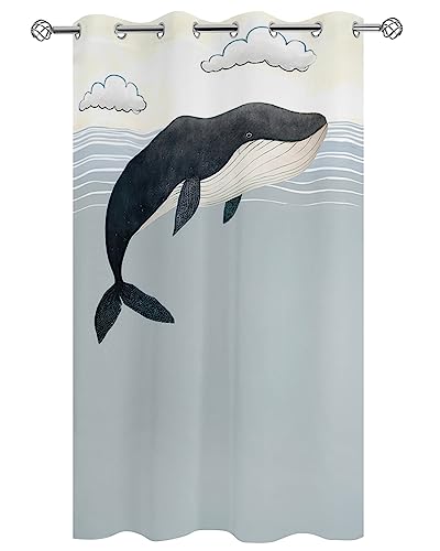 HERBED Outdoor Curtains for Patio 1 Panel Cartoon Whale Under The Sea and Clouds Waterproof Privacy Outside Curtain Sun Blocking Grommet Blackout Drapes for Porch Gazebo Pergolas Balcony 52x84 Inch