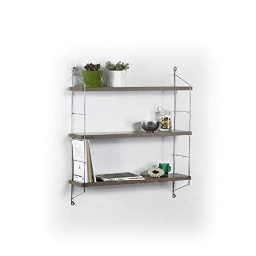 HT Design Floating Wall Decor Wall Mounted Rustic Decorative Hanging 3 Tier Metal Bracket Shelf for Books and Collectibles, Walnut/Chrome