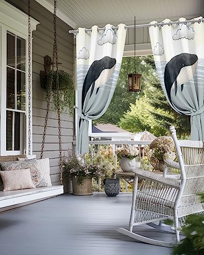 HERBED Outdoor Curtains for Patio 1 Panel Cartoon Whale Under The Sea and Clouds Waterproof Privacy Outside Curtain Sun Blocking Grommet Blackout Drapes for Porch Gazebo Pergolas Balcony 52x84 Inch