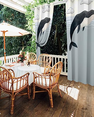 HERBED Outdoor Curtains for Patio 1 Panel Cartoon Whale Under The Sea and Clouds Waterproof Privacy Outside Curtain Sun Blocking Grommet Blackout Drapes for Porch Gazebo Pergolas Balcony 52x84 Inch