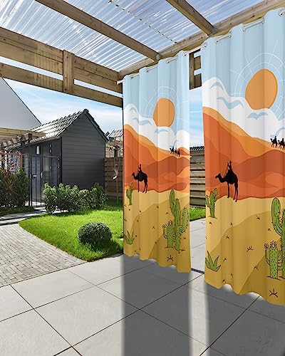 Outdoor Curtains for Patio 2 Panels Set Cartoon Cactus and Camel under the Clouds Blue Waterproof Privacy Outside Curtain Sun Blocking Grommet Drapes for Porch Gazebo Pergolas Balcony 52x108 Inch
