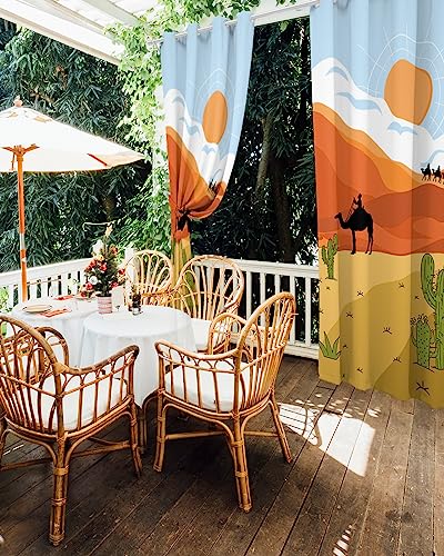 Outdoor Curtains for Patio 2 Panels Set Cartoon Cactus and Camel under the Clouds Blue Waterproof Privacy Outside Curtain Sun Blocking Grommet Drapes for Porch Gazebo Pergolas Balcony 52x108 Inch