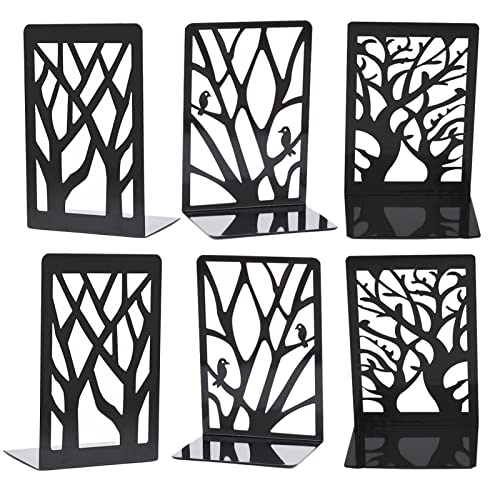 Book Ends Metal Bookends for Shelves, Decorative Bookends for Office School Home, Black Heavy Duty Bookends Abstract Art Design Bookshelf, 3 Pairs, 6 Pieces