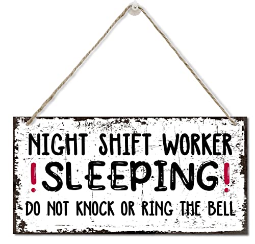 Night Shift Worker Sleeping Do Not Knock Or Ring The Bell Wall Decor Sign, Printed Wood Plaque Sign Wall Hanging, Funny Day Sleeper Sign, Decor Wall Art Sign 12" x 6"