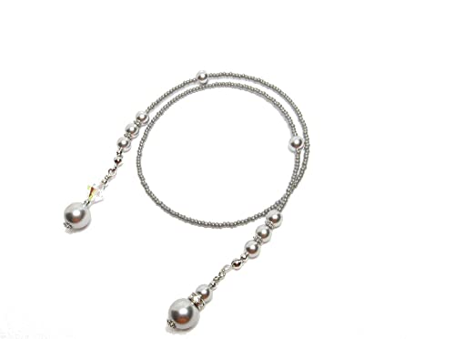 RetroGem Preciosa Czech Glass Seed Beaded Book Thong Bookmark with Swarovski Elements Crystal Pearl (Grey - 12")