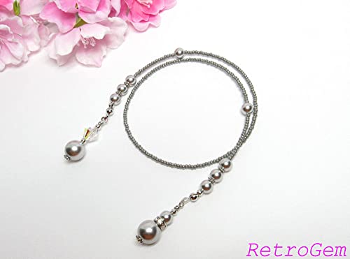 RetroGem Preciosa Czech Glass Seed Beaded Book Thong Bookmark with Swarovski Elements Crystal Pearl (Grey - 12")