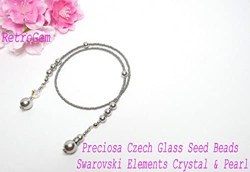 RetroGem Preciosa Czech Glass Seed Beaded Book Thong Bookmark with Swarovski Elements Crystal Pearl (Grey - 12")