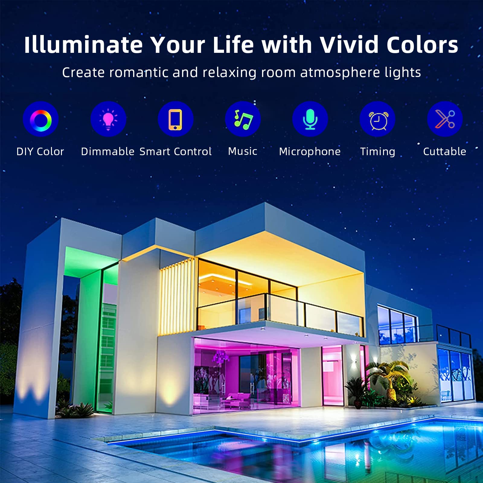 HEDYNSHINE 100ft Outdoor led Strip Lights Waterproof-IP 67 led Lights Smart Phone Control,RGB Color Changing with 44key Remote,Music SYNC,LED Strip Lights Outdoor use 100ft(2 Rolls x50ft)