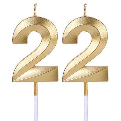 Gold 22nd Birthday Candles for Cakes, Number 22 Candle Cake Topper for Party Anniversary Wedding Celebration Decoration