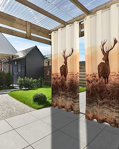 HERBED Outdoor Curtains for Patio 1 Panel Deer in The Grassland Under The Sunrise Waterproof Privacy Outside Curtain Sun Blocking Grommet Blackout Drapes for Porch Gazebo Pergolas Balcony 52x108 Inch