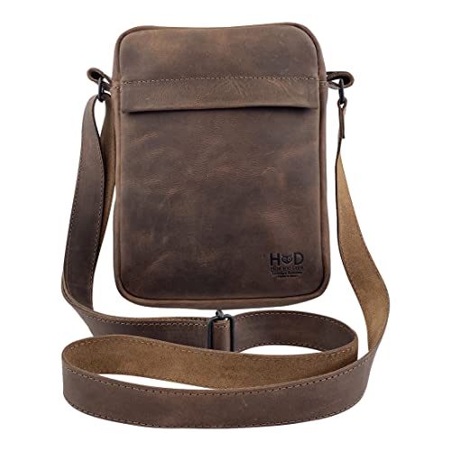 Hide & Drink, Classic Satchel Handmade from Full Grain Leather with Plaid Cotton Interior Lining - Field Bag for Storing Personal Items with Zipper Closure, Adjustable Crossbody Strap - Bourbon Brown