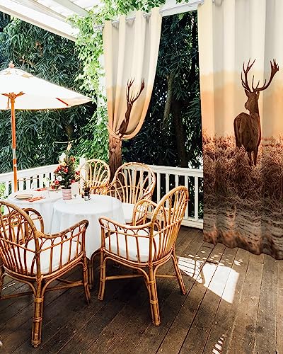 HERBED Outdoor Curtains for Patio 1 Panel Deer in The Grassland Under The Sunrise Waterproof Privacy Outside Curtain Sun Blocking Grommet Blackout Drapes for Porch Gazebo Pergolas Balcony 52x108 Inch
