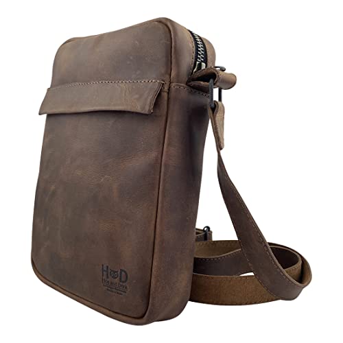 Hide & Drink, Classic Satchel Handmade from Full Grain Leather with Plaid Cotton Interior Lining - Field Bag for Storing Personal Items with Zipper Closure, Adjustable Crossbody Strap - Bourbon Brown