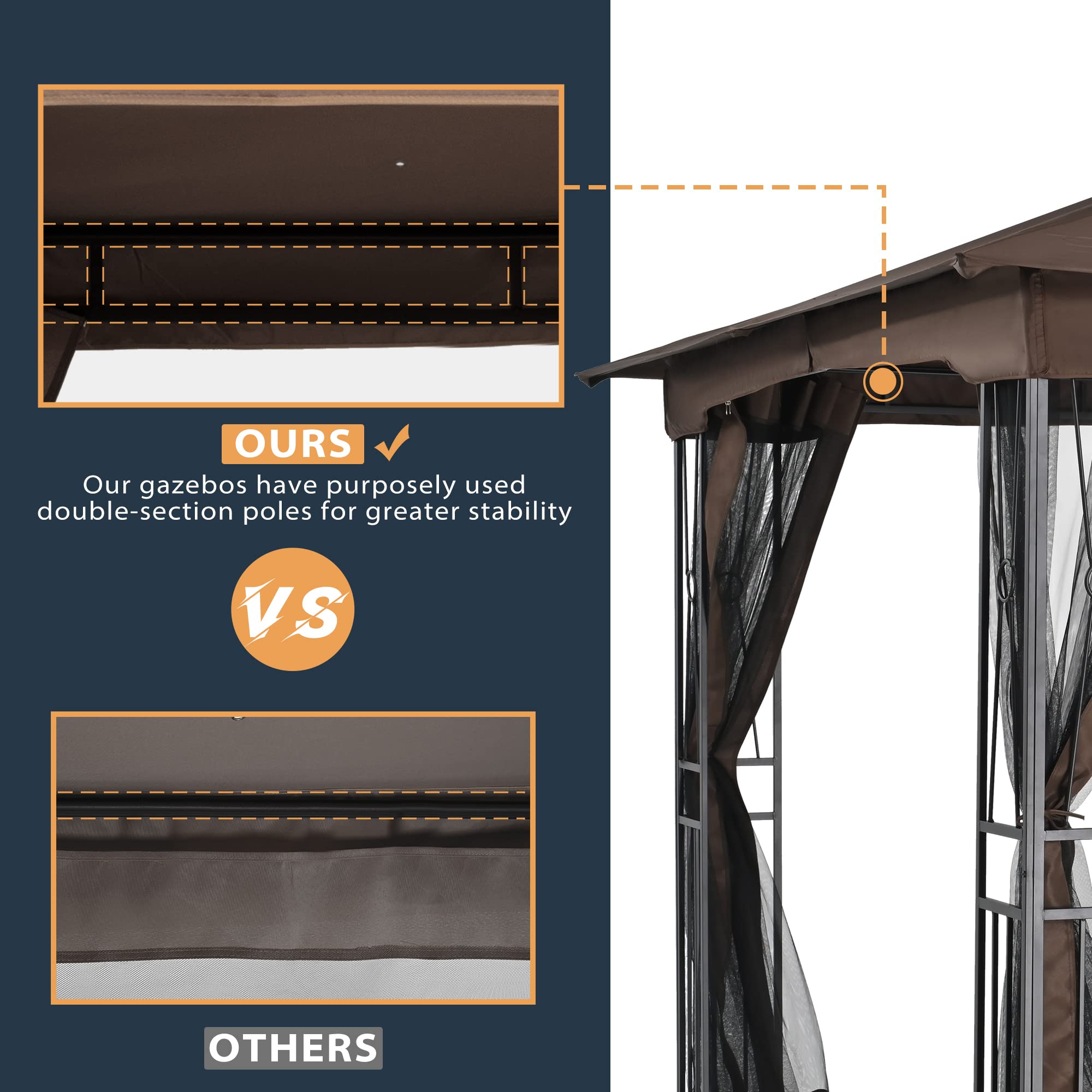 HAPPATIO 10' X 12' Patio Gazebo with Ventilation Double Roof, Outdoor Gazebo with Mosquito Netting for Lawn, Garden (Dark Brown)
