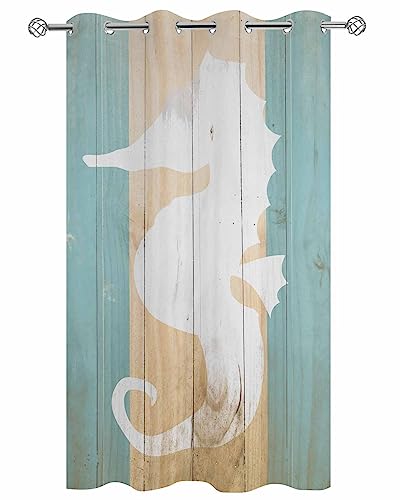 Outdoor Curtains for Patio Seahorse Under Water Sealife on Rustic Old Barn Wood Waterproof Outdoor Curtains 108 inches Long Gazebo Curtains Outdoor Waterproof Outside Drapes for Porch, Gazebo, Deck