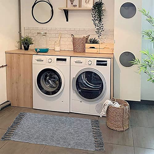 JE JOUE Boho Bathroom Rug 2'x3' Black,Hand Woven Tassel Solid Color Area Rug, Washable Bedroom Runner mat for Laundry Kitchen Outdoor Bathroom Dorm entryway