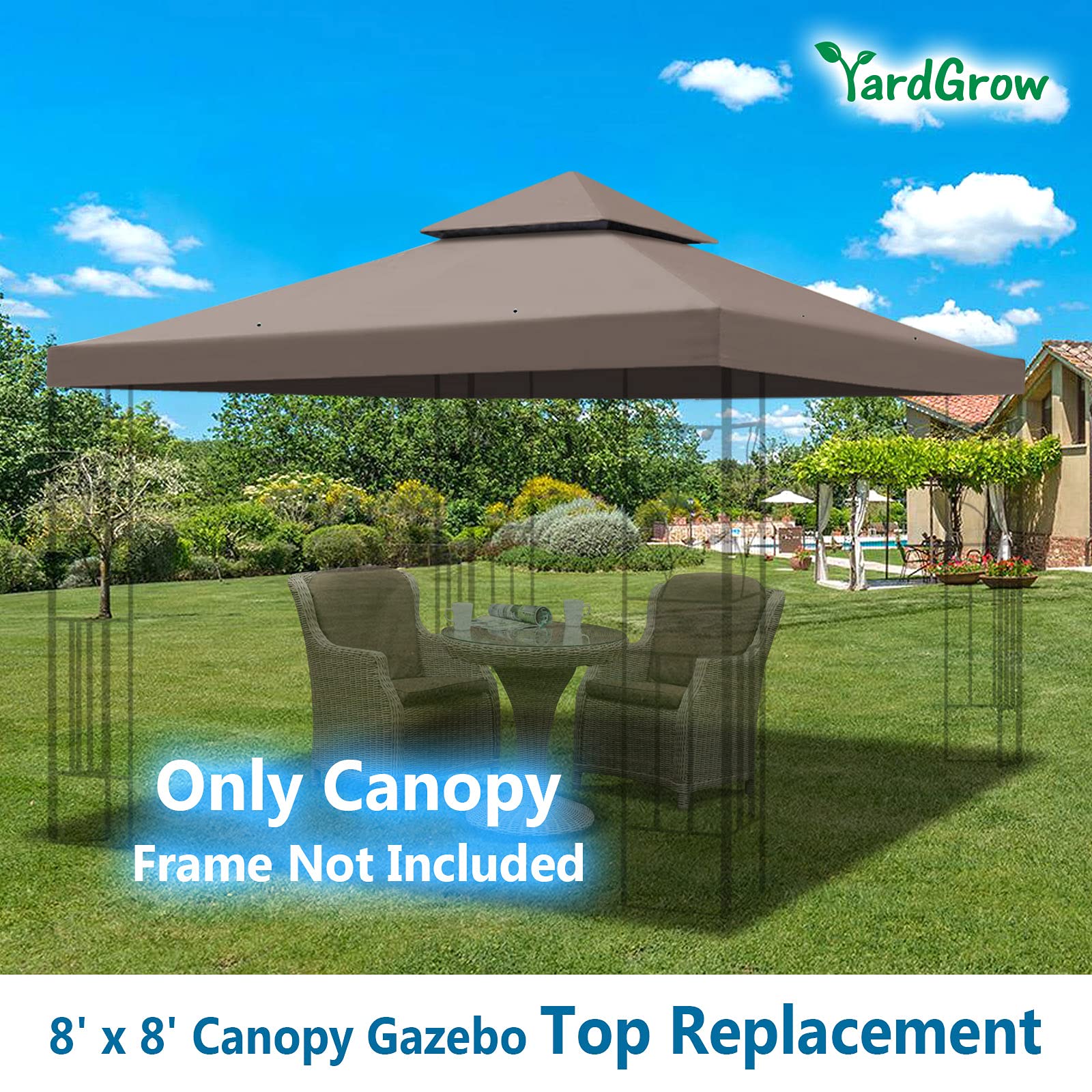 YardGrow 8'x8' Double Tier Gazebo Replacement Canopy Garden Polyester Water-Repellent Cover (Taupe)