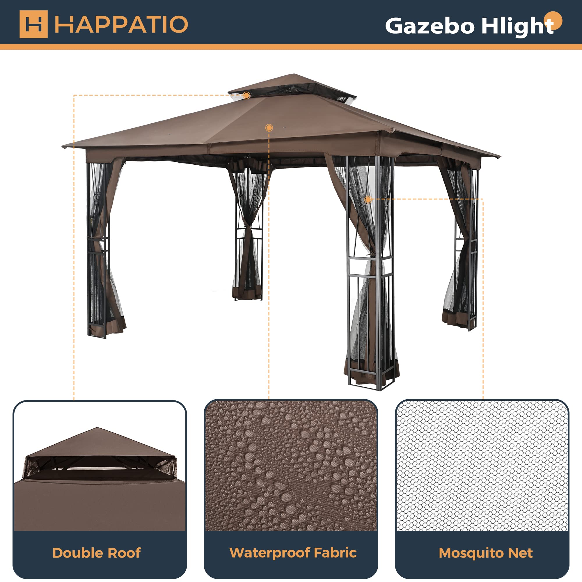 HAPPATIO 10' X 12' Patio Gazebo with Ventilation Double Roof, Outdoor Gazebo with Mosquito Netting for Lawn, Garden (Dark Brown)