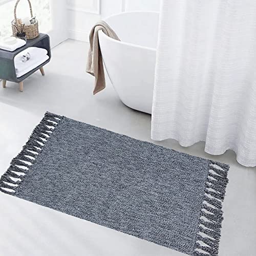 JE JOUE Boho Bathroom Rug 2'x3' Black,Hand Woven Tassel Solid Color Area Rug, Washable Bedroom Runner mat for Laundry Kitchen Outdoor Bathroom Dorm entryway