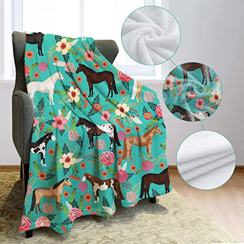YISUMEI Flower Horse Throw Blanket Horse Green with Flowers Fleece Blanket Soft Warm Cozy for Sofa Couch Bed 50"x60"