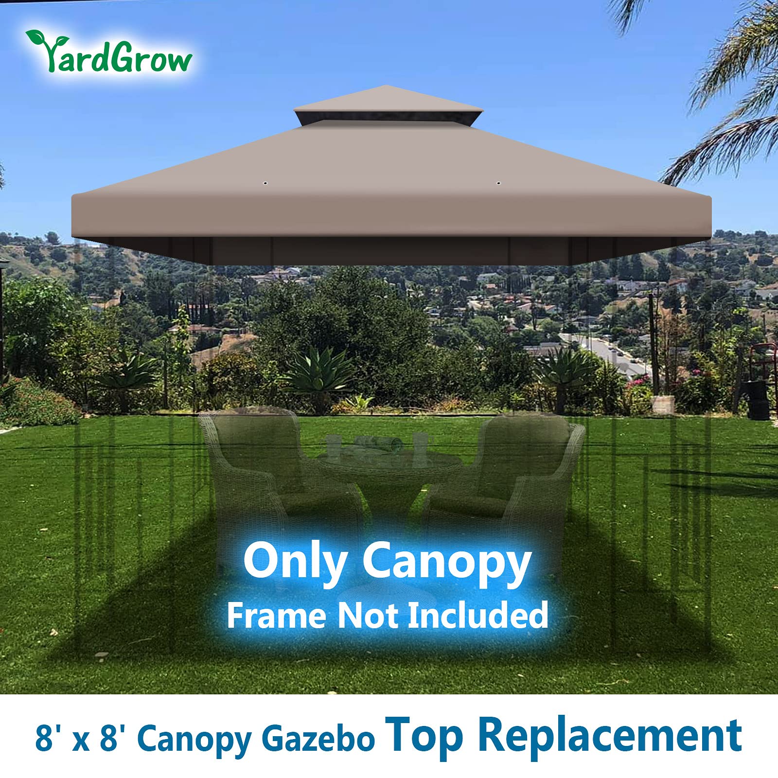 YardGrow 8'x8' Double Tier Gazebo Replacement Canopy Garden Polyester Water-Repellent Cover (Taupe)