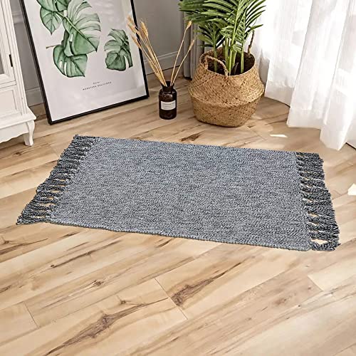 JE JOUE Boho Bathroom Rug 2'x3' Black,Hand Woven Tassel Solid Color Area Rug, Washable Bedroom Runner mat for Laundry Kitchen Outdoor Bathroom Dorm entryway