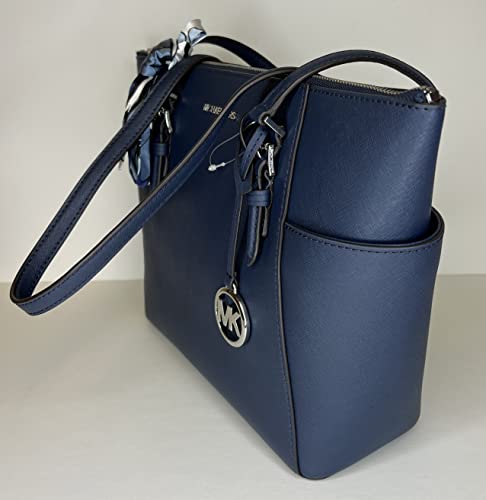 Michael Kors Charlotte Large Zip Tote bundled with matching Trifold Wallet Purse Hook (Navy/Signature MK Bright White)