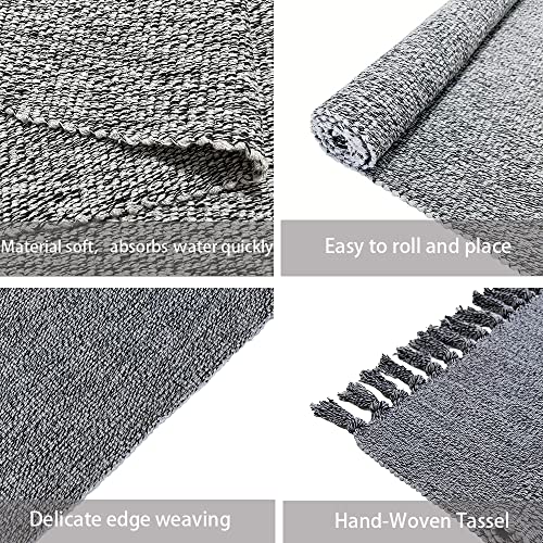 JE JOUE Boho Bathroom Rug 2'x3' Black,Hand Woven Tassel Solid Color Area Rug, Washable Bedroom Runner mat for Laundry Kitchen Outdoor Bathroom Dorm entryway