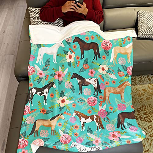 YISUMEI Flower Horse Throw Blanket Horse Green with Flowers Fleece Blanket Soft Warm Cozy for Sofa Couch Bed 50"x60"