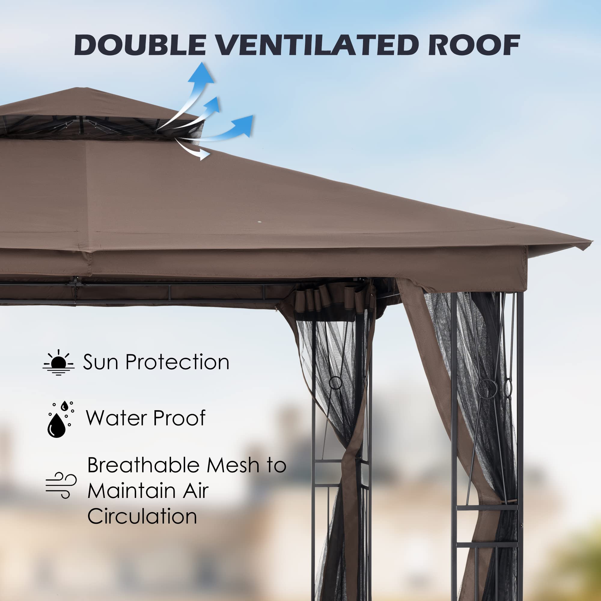 HAPPATIO 10' X 12' Patio Gazebo with Ventilation Double Roof, Outdoor Gazebo with Mosquito Netting for Lawn, Garden (Dark Brown)