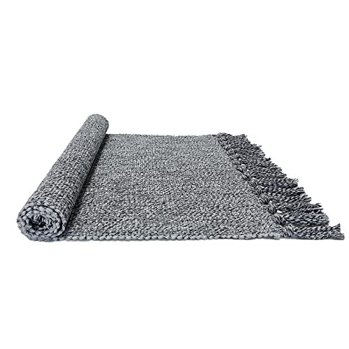 JE JOUE Boho Bathroom Rug 2'x3' Black,Hand Woven Tassel Solid Color Area Rug, Washable Bedroom Runner mat for Laundry Kitchen Outdoor Bathroom Dorm entryway