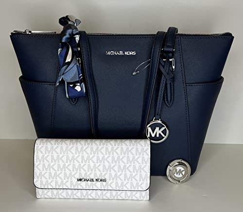 Michael Kors Charlotte Large Zip Tote bundled with matching Trifold Wallet Purse Hook (Navy/Signature MK Bright White)