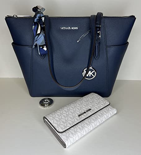 Michael Kors Charlotte Large Zip Tote bundled with matching Trifold Wallet Purse Hook (Navy/Signature MK Bright White)