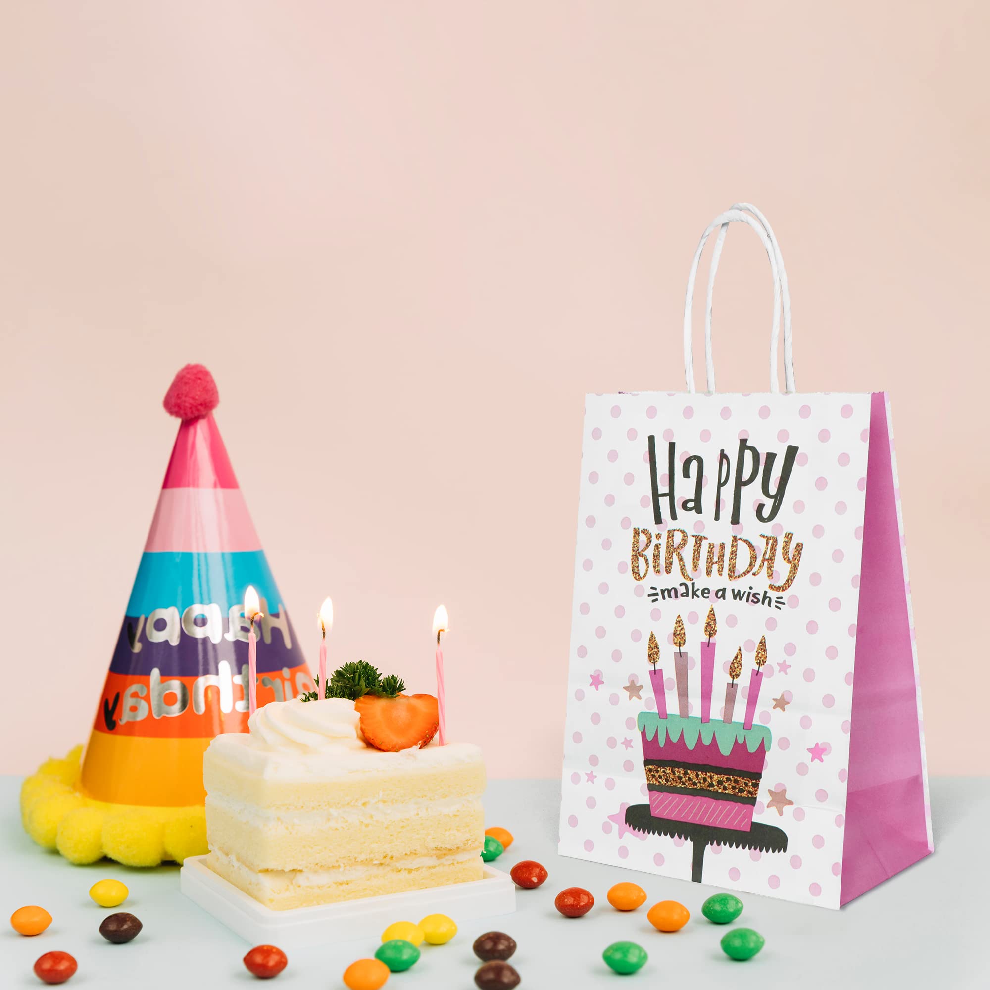 Pasisor 24 Pack Happy Birthday Small Ready-To-Go Gift Bag, Cute Party Favor Paper Bags with Handles Bulk (Pink,Balloon&Cake)